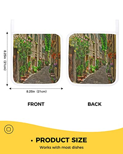 3Pack Pot Holders Cotton Oven Hot Pads, Italy Vintage Backyard Potholder Cloth Potholders for Daily Kitchen Baking Cooking with Hanging Loops - Charming Old Streets House Flower Garden Door