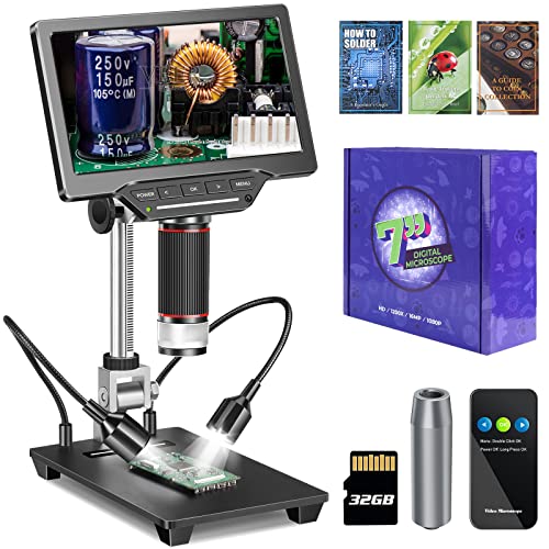 7-inch HDMI LCD Digital Microscope with Extension Tube and Guidebooks, (1200X 16MP 1080P), Microscope with Screen for Soldering & Coin Collection Included 32GB Card, Compatible with TV/Windows/Mac