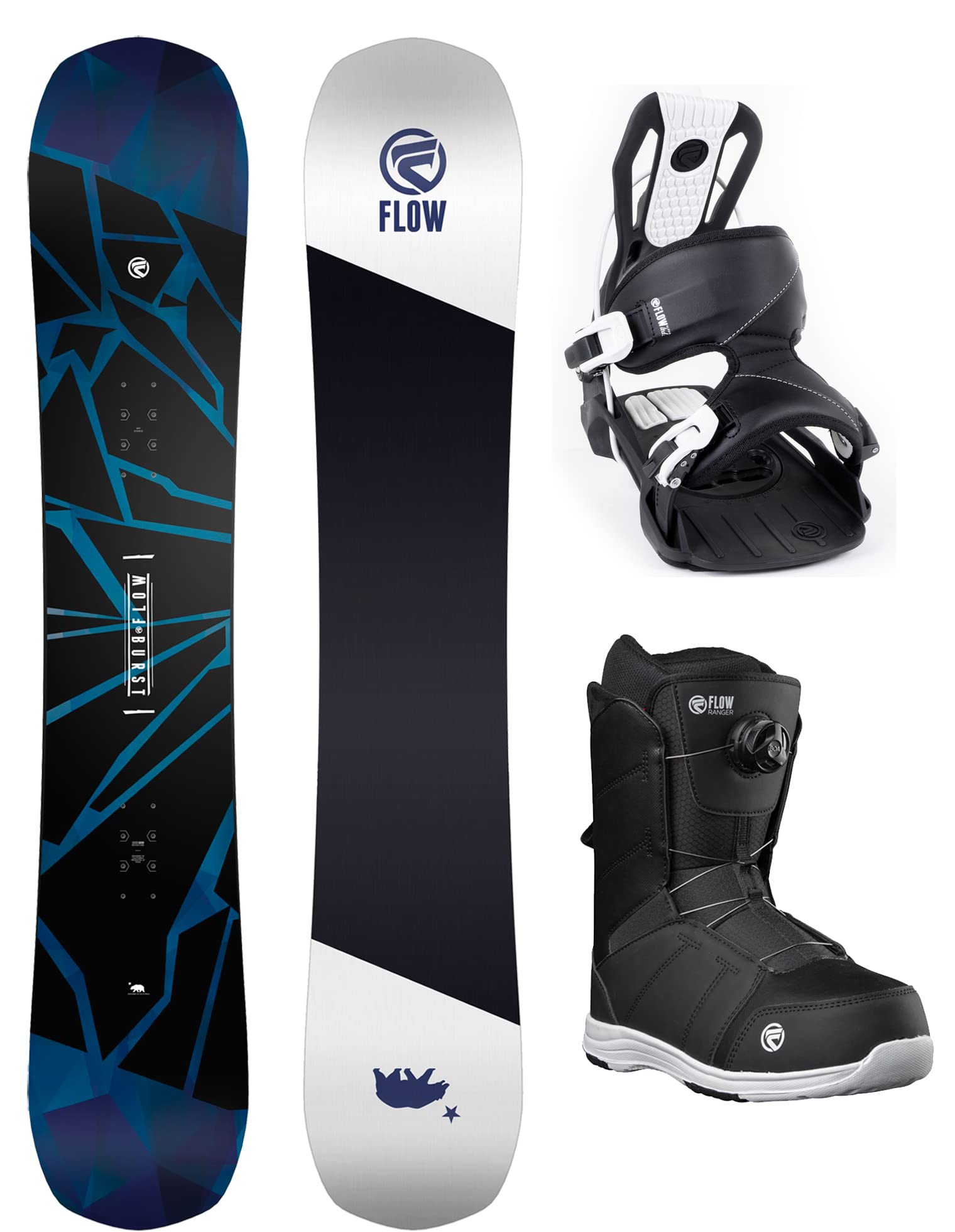 2021 FLOW Men's Burst Complete Snowboard Package Alpha Bindings BOA Boots (156, Boot Size 10)