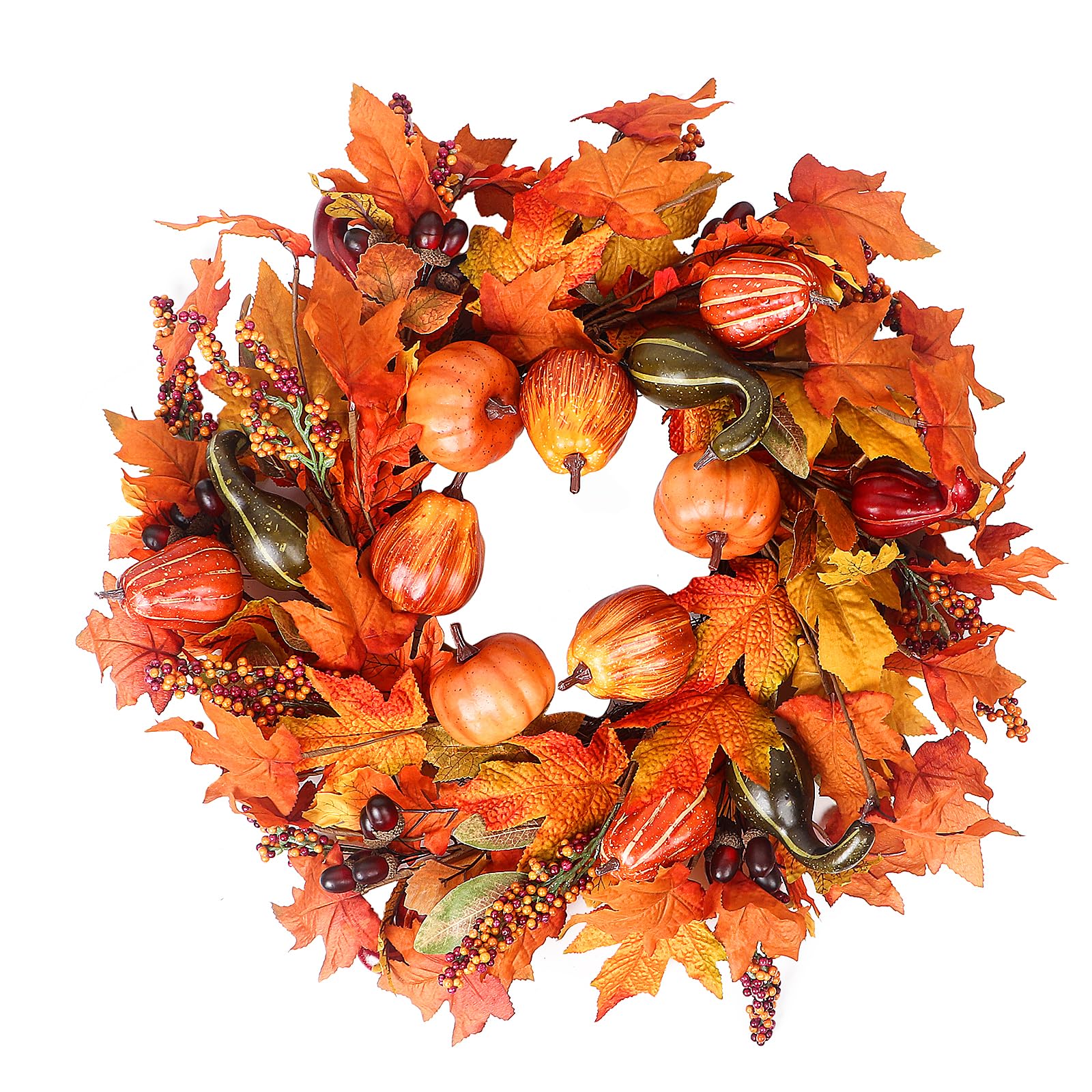 24 Inch Fall Wreath for Front Door Outside, Fall Door Wreaths for Front Door Outside with Pumpkin, Maple, Acorn and Grain, Artificial Autumn Wreaths for Harvest Halloween Thanksgiving Décor