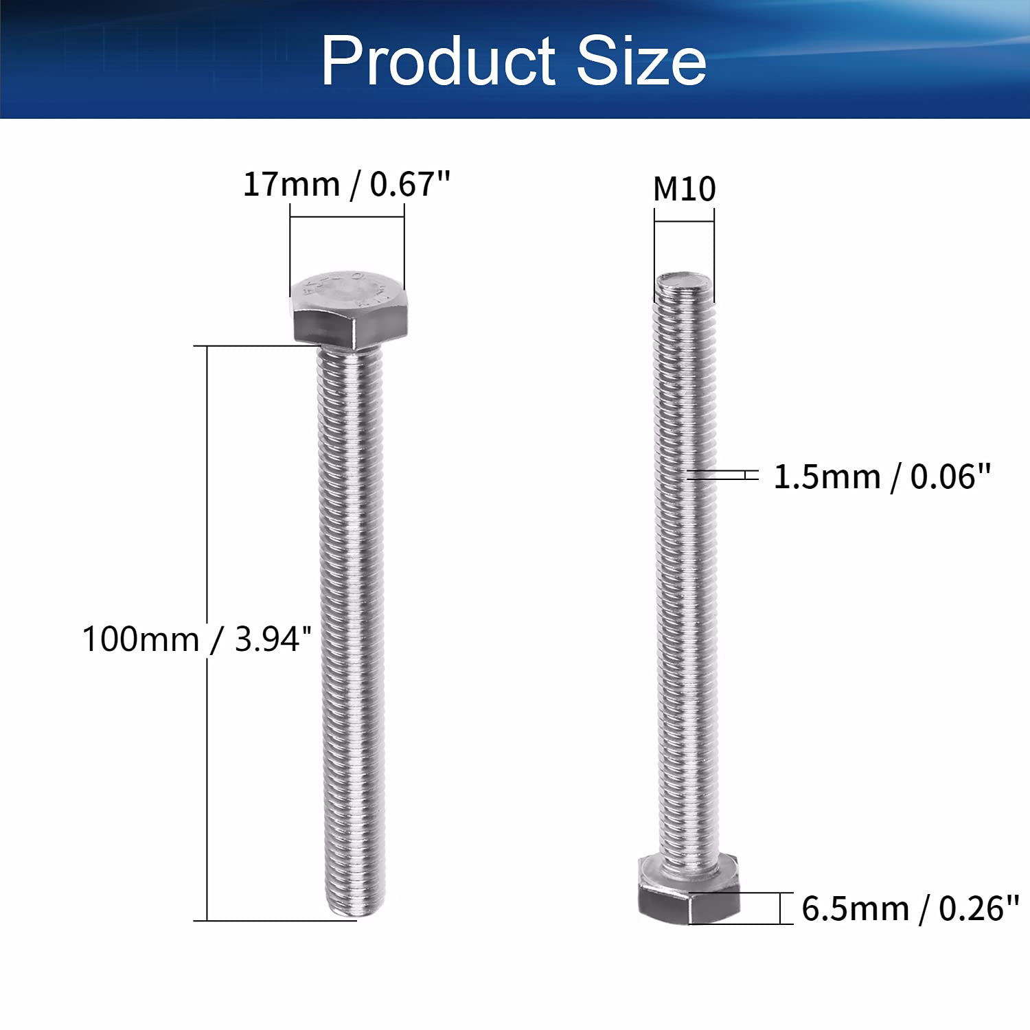 Yinpecly M10 Hex Bolt M10-1.5 x 100mm UNC Hex Head Screw Bolts 304 Stainless Steel Fully Threaded Hex Tap Bolts 2pcs