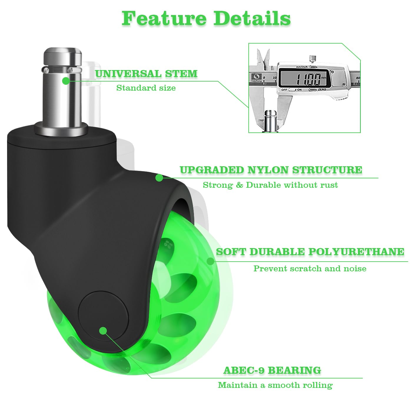 2" Ball Caster Wheels, Hirate 360 Degree Rotation Universal Ball Casters with Nylon Cover for Office Furniture Chairs Replacement Casters Smooth Rolling 7/16" x 7/8", Set of 5, Green
