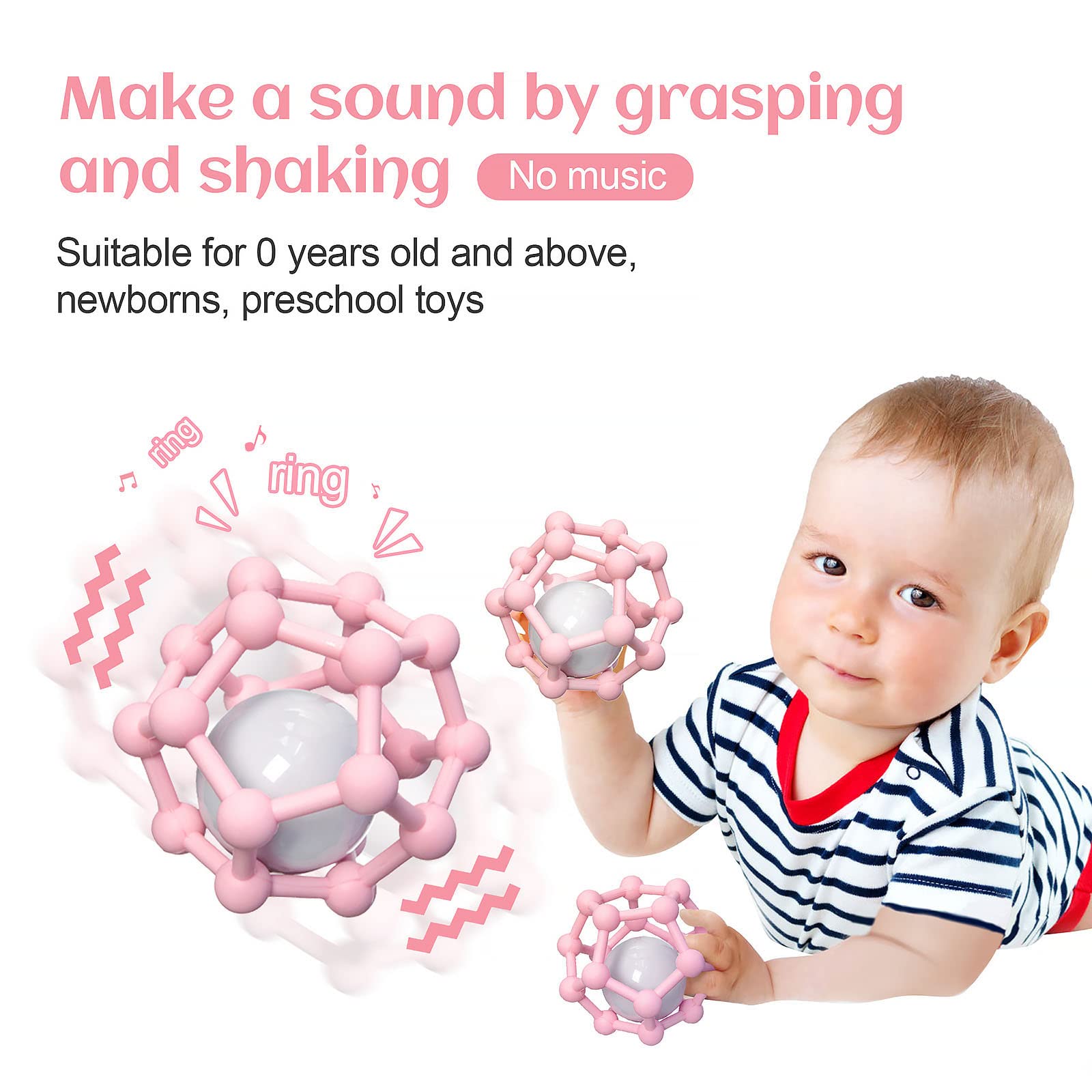 Baby Teethers Toys Silicone Soft Ball Easy to Hold Teether for Sensory Ball Exploration & Teething Stress Relief Molar Ball Soothing Teether Toy Baby Ball for Ages 0 Months+,(Rattle Teether Ball-Pink)