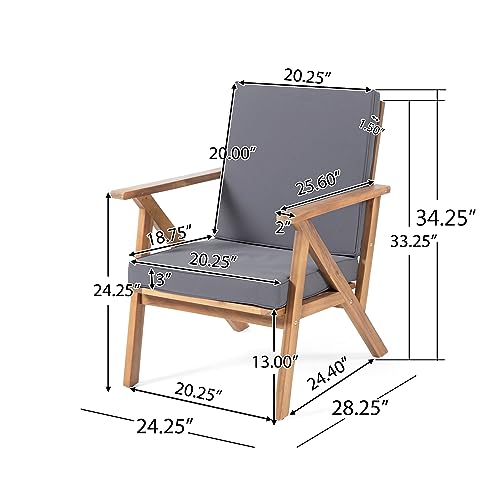 Christopher Knight Home Panama Outdoor Acacia Wood Chat Set with Water Resistant Cushions, 4-Pcs Set, Teak Finish / Grey