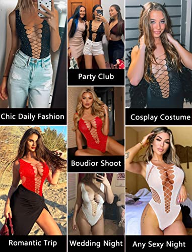 Avidlove White Rhinestone Bodysuit Sparkle Bodysuit Fishnet Lingerie for Women Sexy Mesh Body Suit Teddy Lingerie