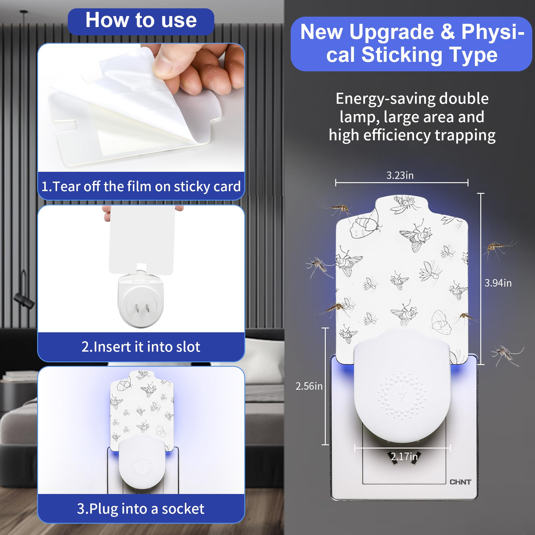 2 Pcs Fruit Fly Traps for Indoors Plug-in Flying Insect Trap, Gnat Traps for House Indoor with Non-Toxic UV Light Attractant Bug Zapper Mosquito Trap Includes 10 Sticky Refills for Home Office