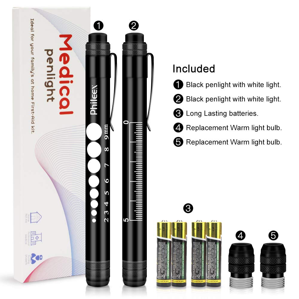 Pen Light, Phileex Medical Pen Light Nurse Pen Lights with Pupil Gauge for Nurses Nursing Students Doctors 2pcs Black with Batteries