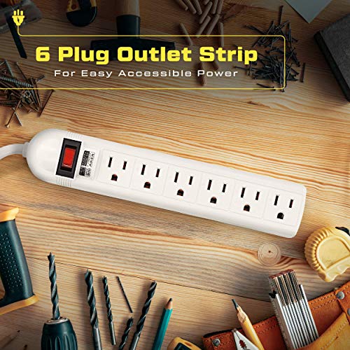 6 Outlet Power Strip T-Type - 90 Joules Surge Protector, 14 AWG x 3C, 15 Amp Shock Proof, 3 Prong, White - by Revpex
