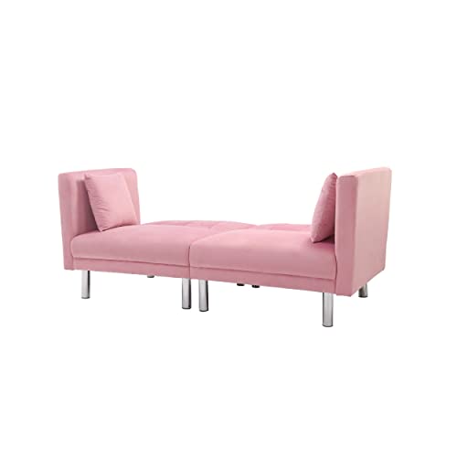 70" Velvet Couch,Tufted Loveseat Sofa,Convertible Futon Sofa Bed,Accent Sofa Recliner,2 Couch Pillows,Mid Century Modern Sofas for Home Living Room Bedroom (Pink)