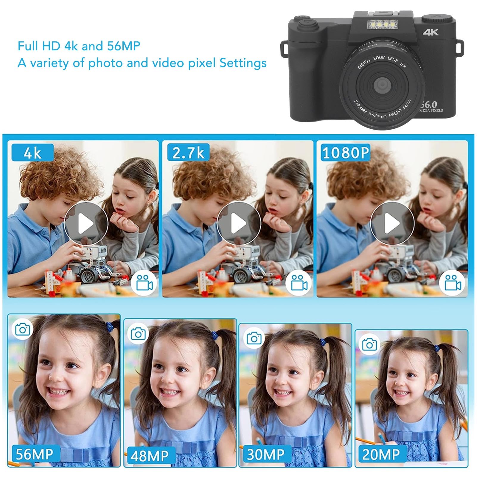 4K Digital Camera for Kids Video 16X 56M Digital Zoom, Compact Point and Shoot Camera, Portable Small Camera for Teens Students Boys Girls Seniors, WiFi, Gifts
