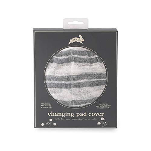 Red Rover Kid Muslin Changing Pad Cover – 16” x 32” - 100% Cotton – Machine Washable – Standard Size - Stitched Holes for Safety Straps – Lightweight & Breathable – Unisex (Grey Double Stripe)