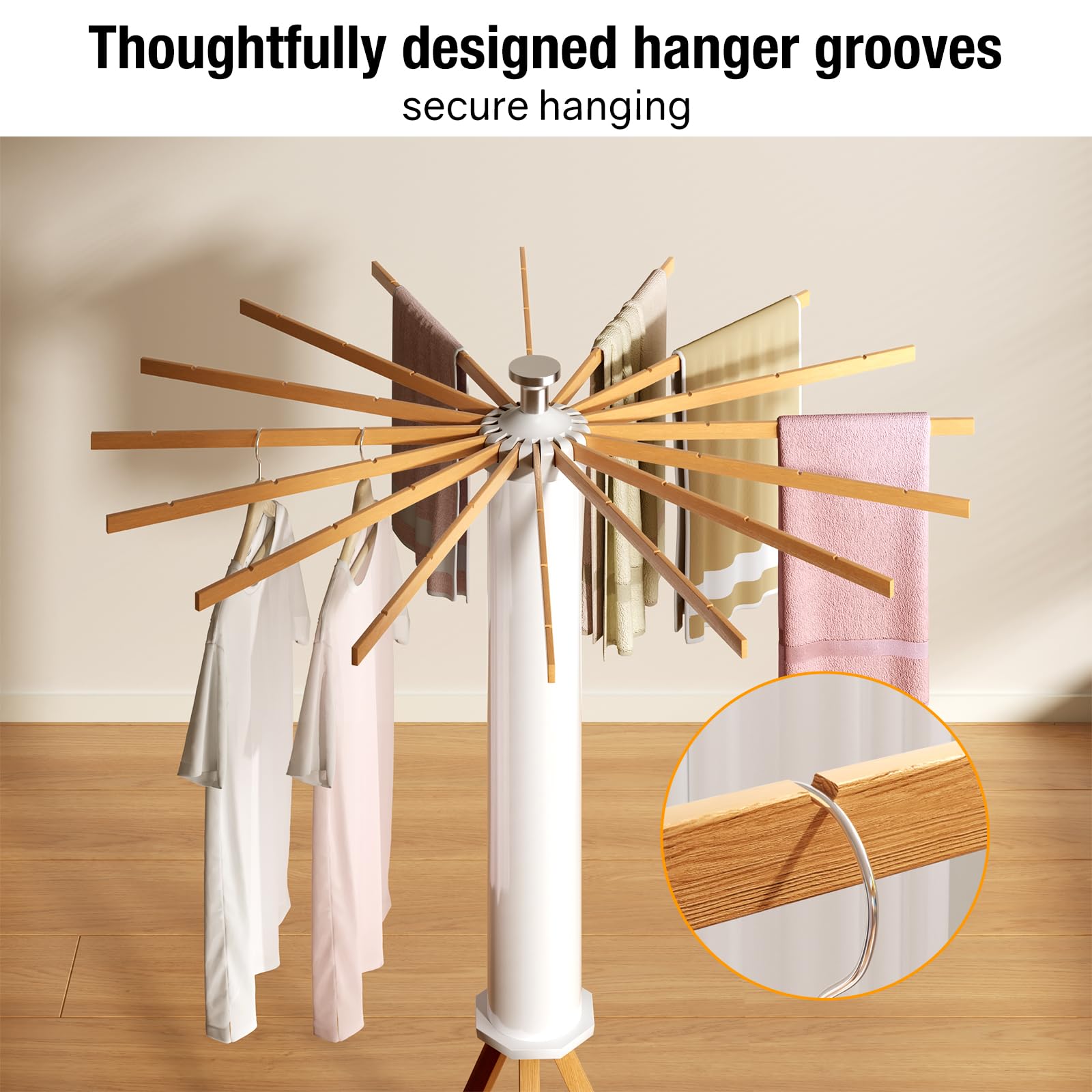 kenvc Tripod Clothes Drying Rack, Folding Space Saving Compact Laundry Drying Rack-16 Rotatable Arms for Hanger, Diameter 3.6FT, 3 Legs for Indoor Outdoor Apartment Balcony (Wood)