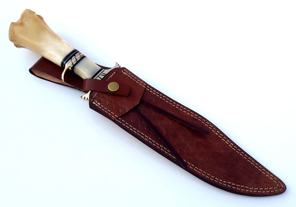 15" Custom Handmade Damascus Steel Twisted Pattern Hunting Camping Survival Bowie Knife Camel Bone Handle With Lather Sheath