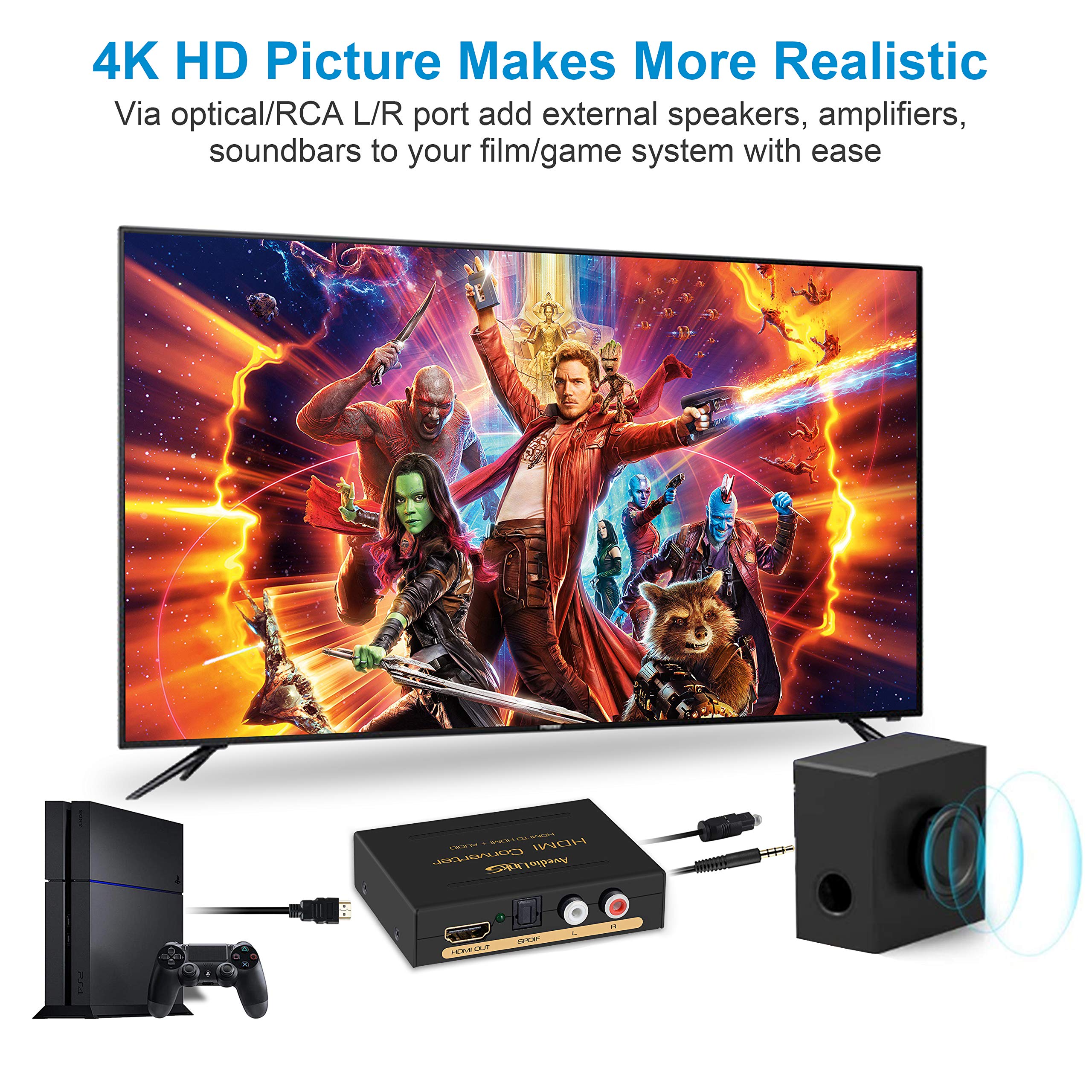avedio links 4K HDMI Audio Extractor Splitter, 1080P HDMI to HDMI Audio Converter + Optical Toslink SPDIF + L/R Stereo Analog Audio, HDMI Audio Adapter for Fire Stick, Blu-Ray Player (4K 30Hz Black)