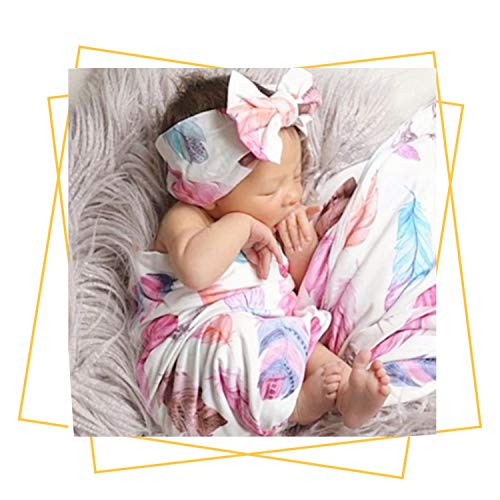 Newborn Receiving Blanket Headband Set - Unisex Soft Baby Swaddle Girl Boy Gifts (Feather+Sloth)