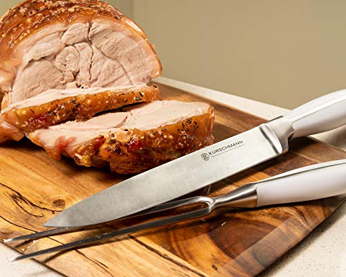 Kurschmann CLEARANCE 3-Piece Arctic White Carving Set for Cutting Meat, Includes German Stainless Steel Knife, Fork, and Honing Rod, with Modern, Rivetless Handles in Gift Box