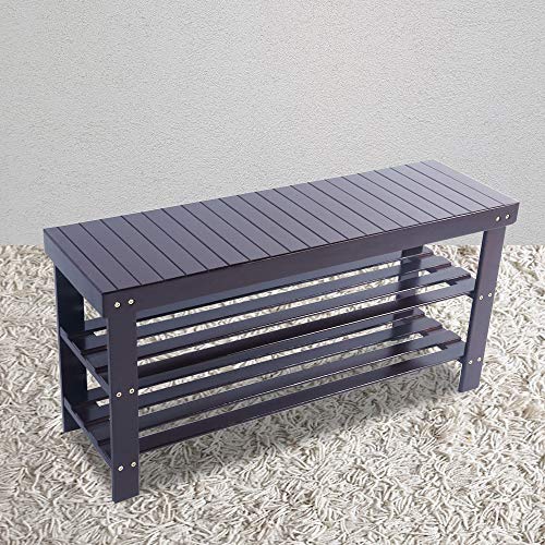 Henf 3-Tier Bamboo Shoe Rack Bench, Shoe Organizer, Storage Shelf, Holds Up to 551Lb,Dimensions 35.43 x 11.02 x 17.72,Coffee
