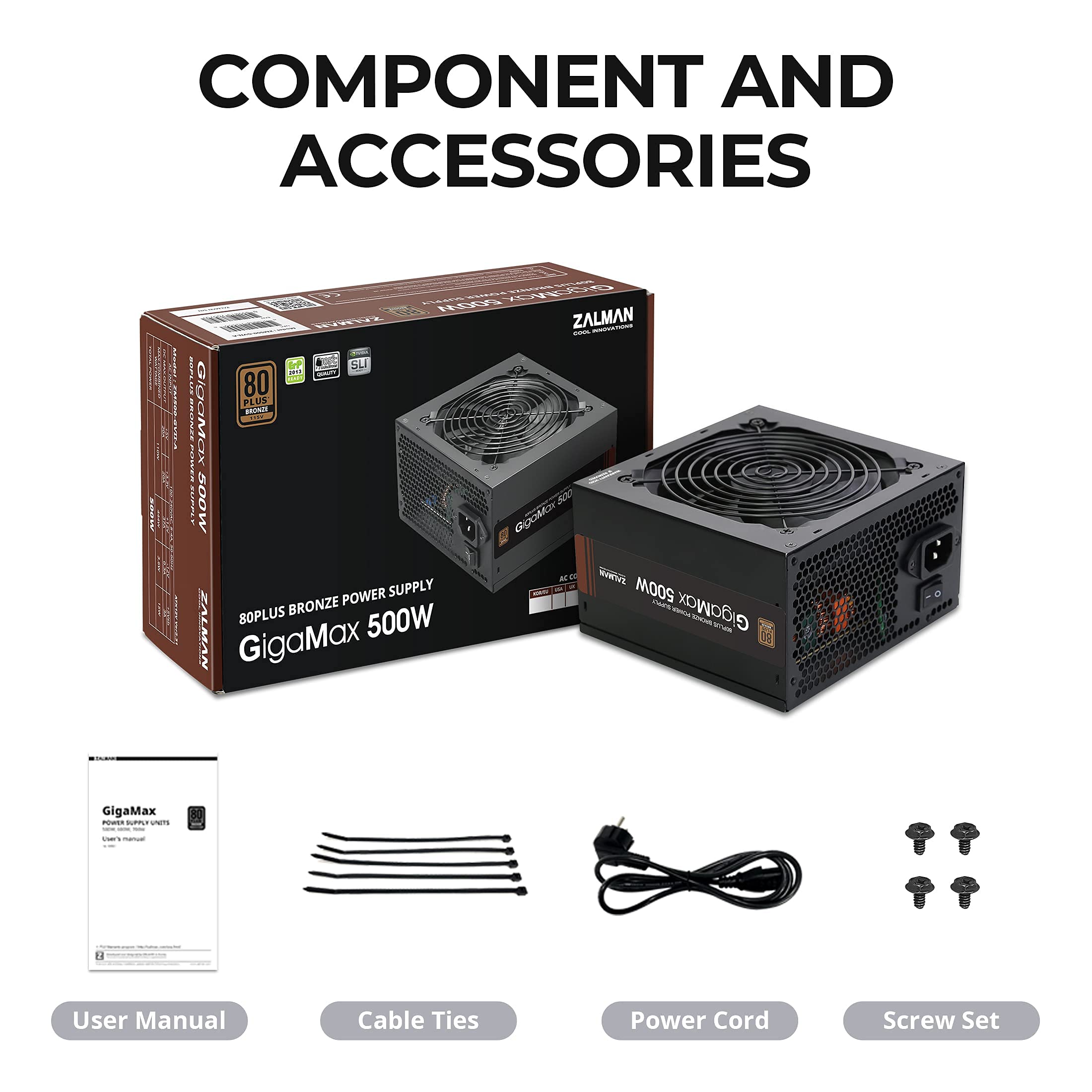Zalman GigaMax 600W 80+ Bronze Certified PSU, Continuous Power with 120mm Ultra Quiet Silent Fan, 105° Capacitor, 5 Year Warranty