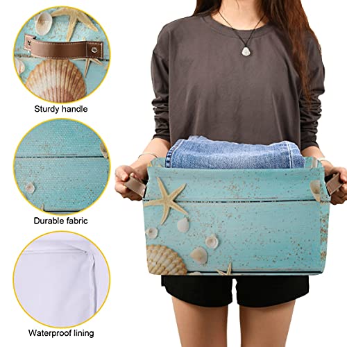 Canvas Storage Basket Beach Board Seashell Starfish Storage Bins Collapsible Organizer with Handles for Cupboards Shelves Nursery Wardrobe Clothes Toys Laundry Children Room