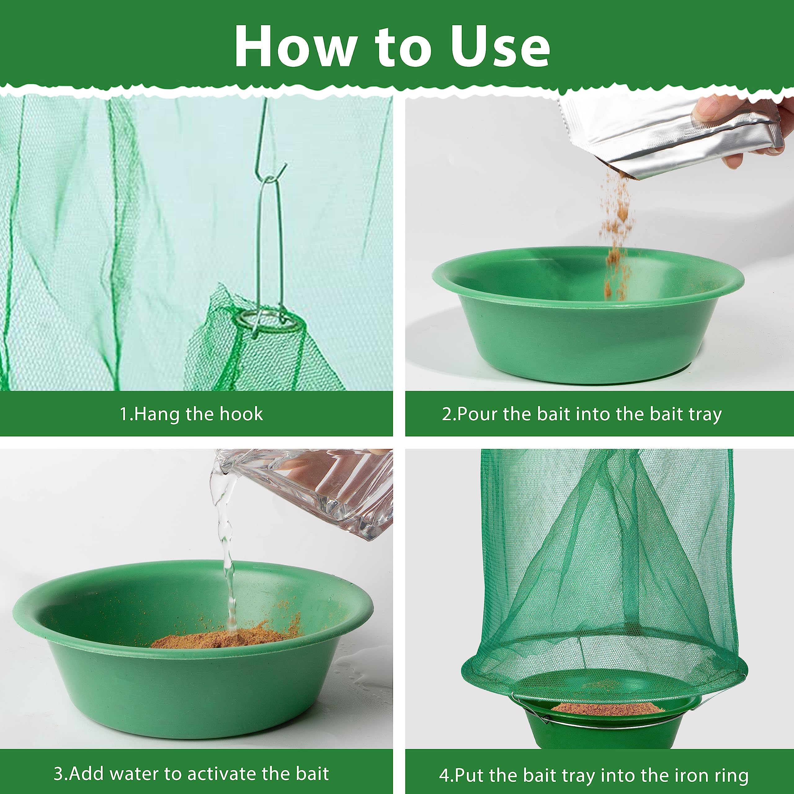 4 Pack Ranch Fly Traps, Hanging Stable Fly Trap, Disposable Fly Killer Cage, Fly Catcher Bag with Bait Tray, Fly Repellent for Outdoor and Indoor, Farms