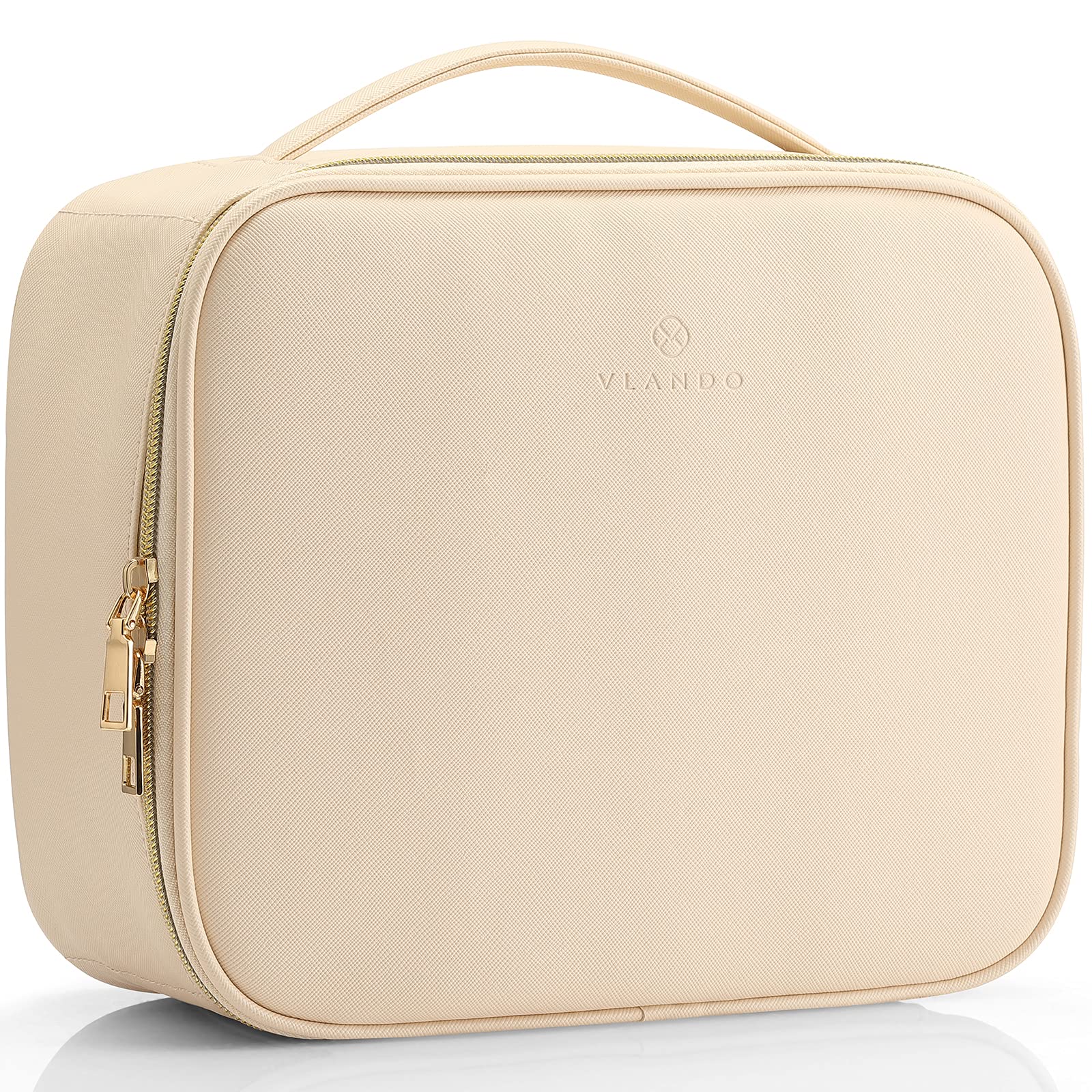 Vlando Makeup Bag,Gifts for Women Travel Makeup Bag Organizer Leather Make up Storage Bag for Women Adjustable Dividers Make up Brushes Case for Valentine's Day Birthday-white