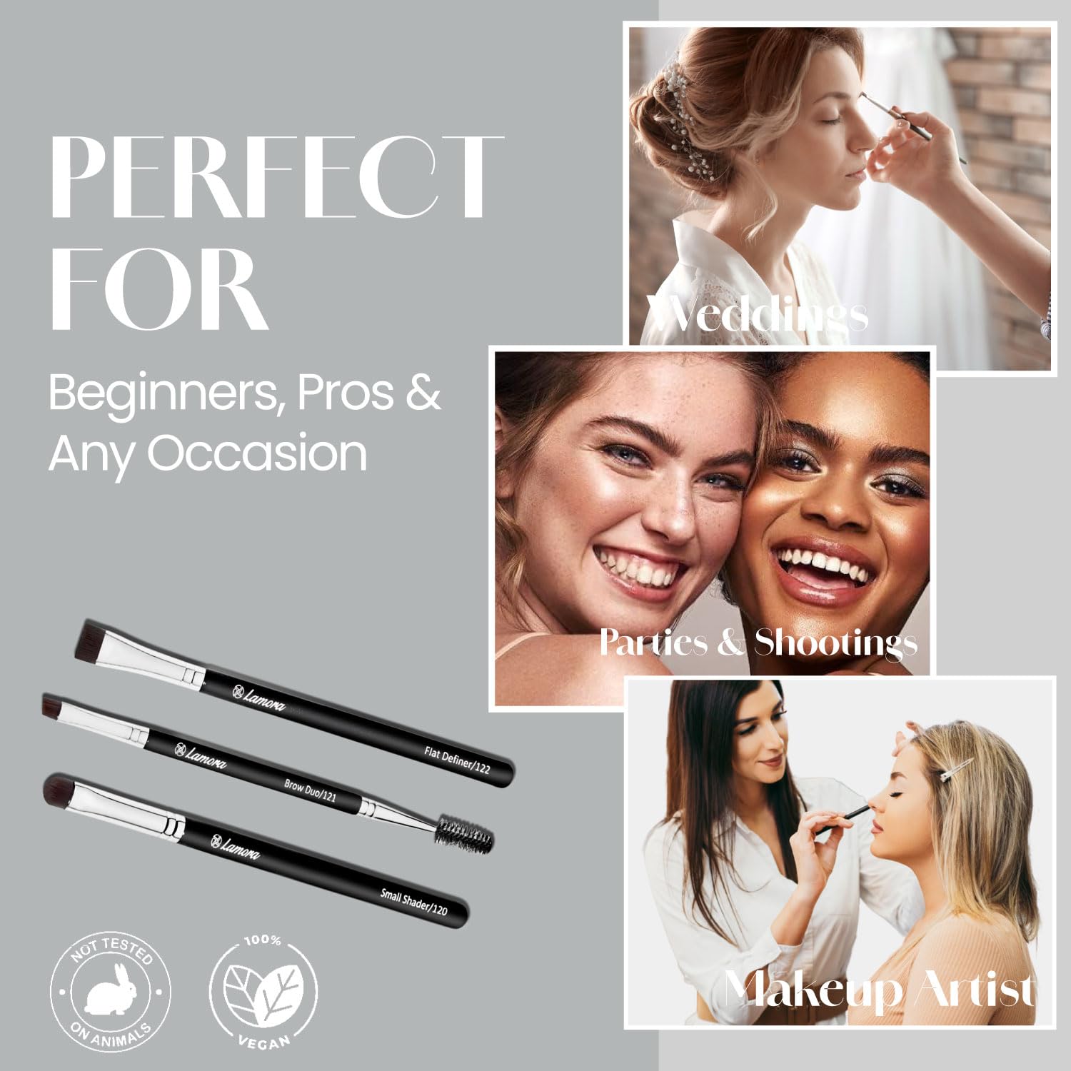 Eyebrow Brush - Duo Eye Brow Spoolie - Angled Eyeshadow Eyeliner - Precision Flat Definer - Small Shader - 3 Piece Makeup Brush Set - Cruelty Free Synthetic Bristles