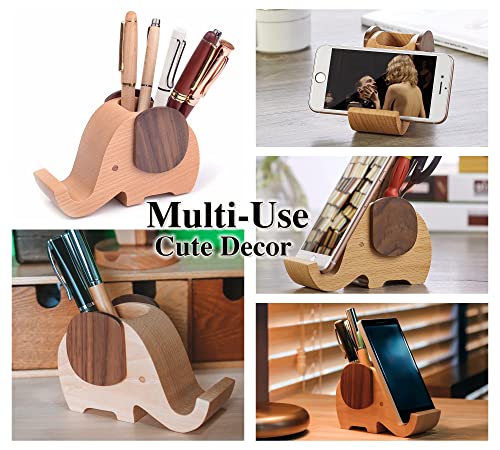 Artinova Elephant Wooden Pen Cup Pencil Holder for Desk Decor Desk Organizer with Cell Phone Stand ARTA-0057