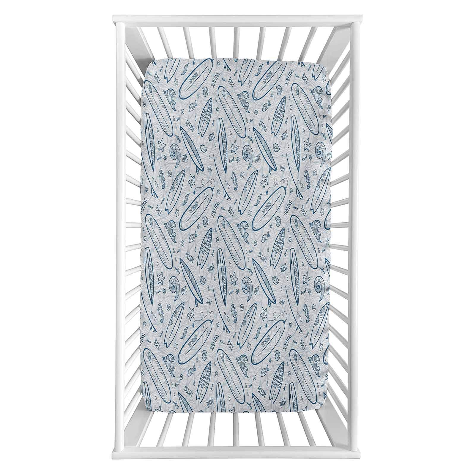 Lyzelre Surfboard Fitted Crib Sheet,Doodle Surfing Boards Waves and Starfishes Hawaiian Summer Microfiber Silky Soft Toddler Mattress Sheet Fitted,28"x 52"x 8'',Baby Sheet for Boys Girls