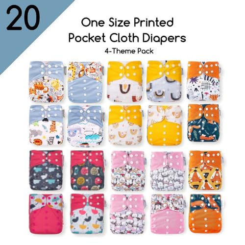 KaWaii Baby One Size Printed Snap Cloth Diaper, Leakproof Washable Reusable Newborn to Toddler Unisex Pack of 20