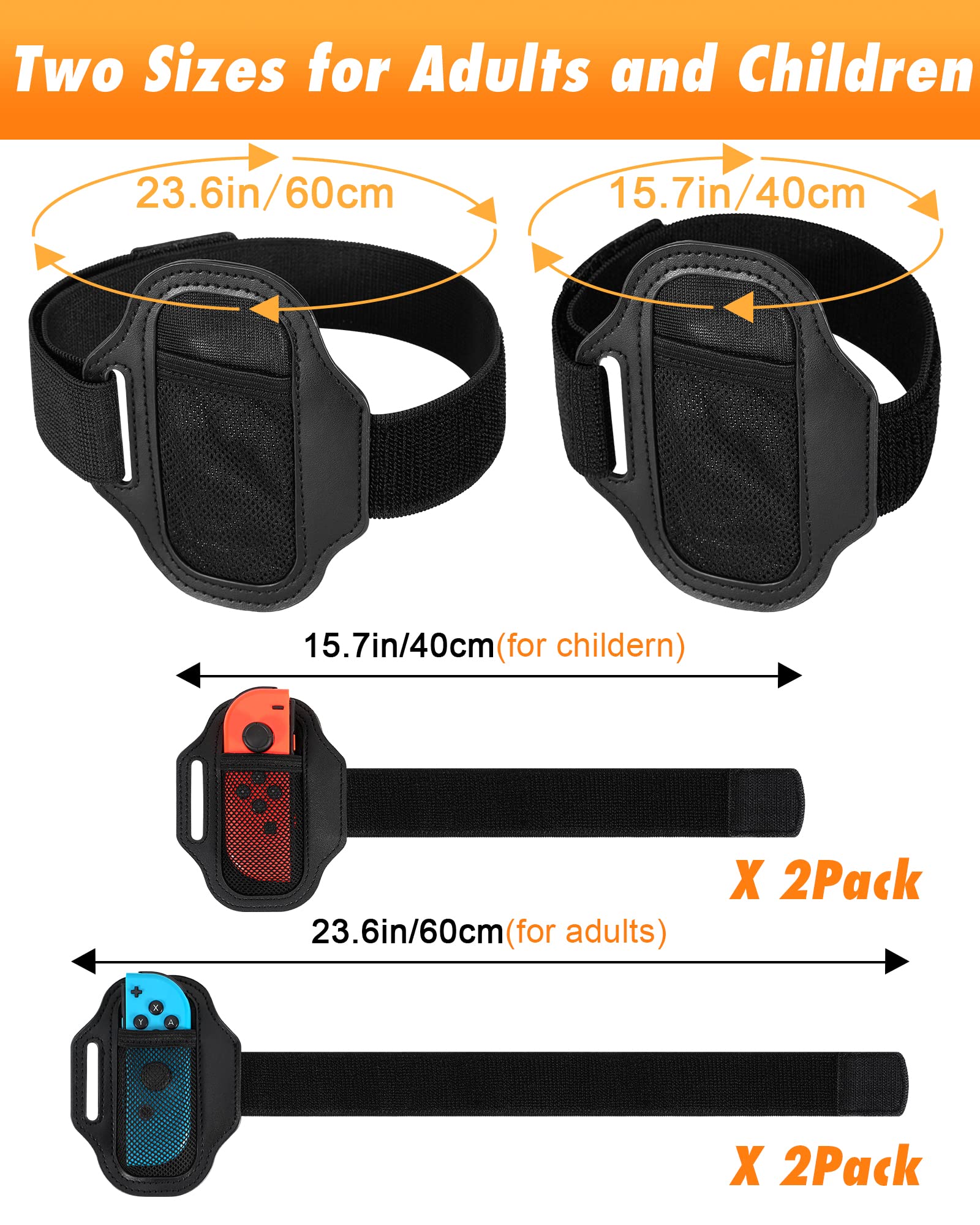 4 Pack Switch Leg Strap for Nintendo Switch Sports Soccer and Ring Fit Adventure Games, Two Size Adjustable Switch Strap for Adults & Children, Elastic Leg Straps for Nintendo Switch & OLED Joycon