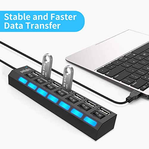 Multi Port USB Splitter, 7 in 1 USB Port 2.0 Hub with High Speed Individual ON/Off Switches and LEDs USB Port Expander (7-Port USB)