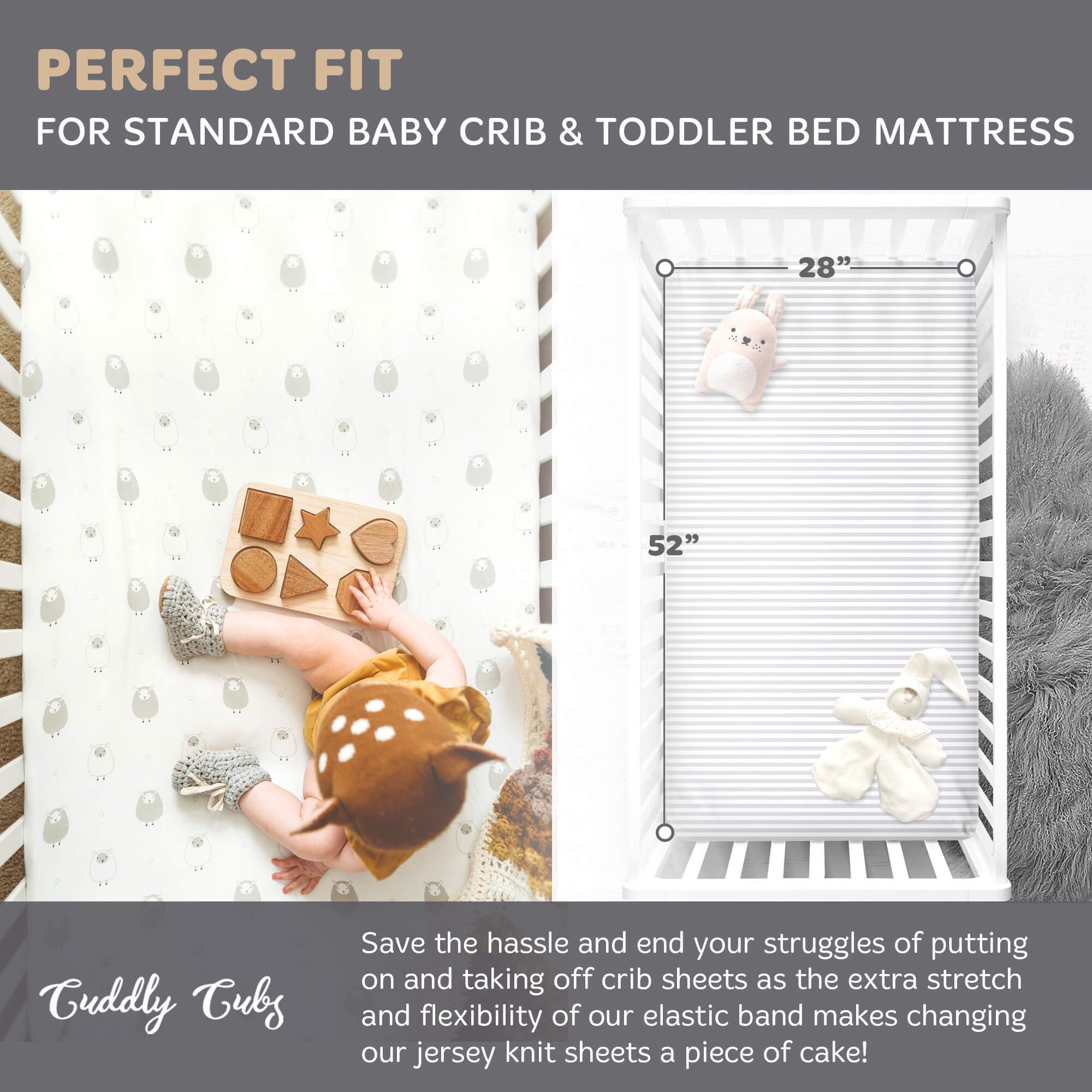 Cuddly Cubs Fitted Crib Sheets Set – 2 Pack – Jersey Cotton Crib Mattress Sheets for Baby Boy, Girl Crib – Grey Stripes, Sheep Toddler Bed Sheets – Fits on Standard 28 x 52 Crib and Toddler Mattress