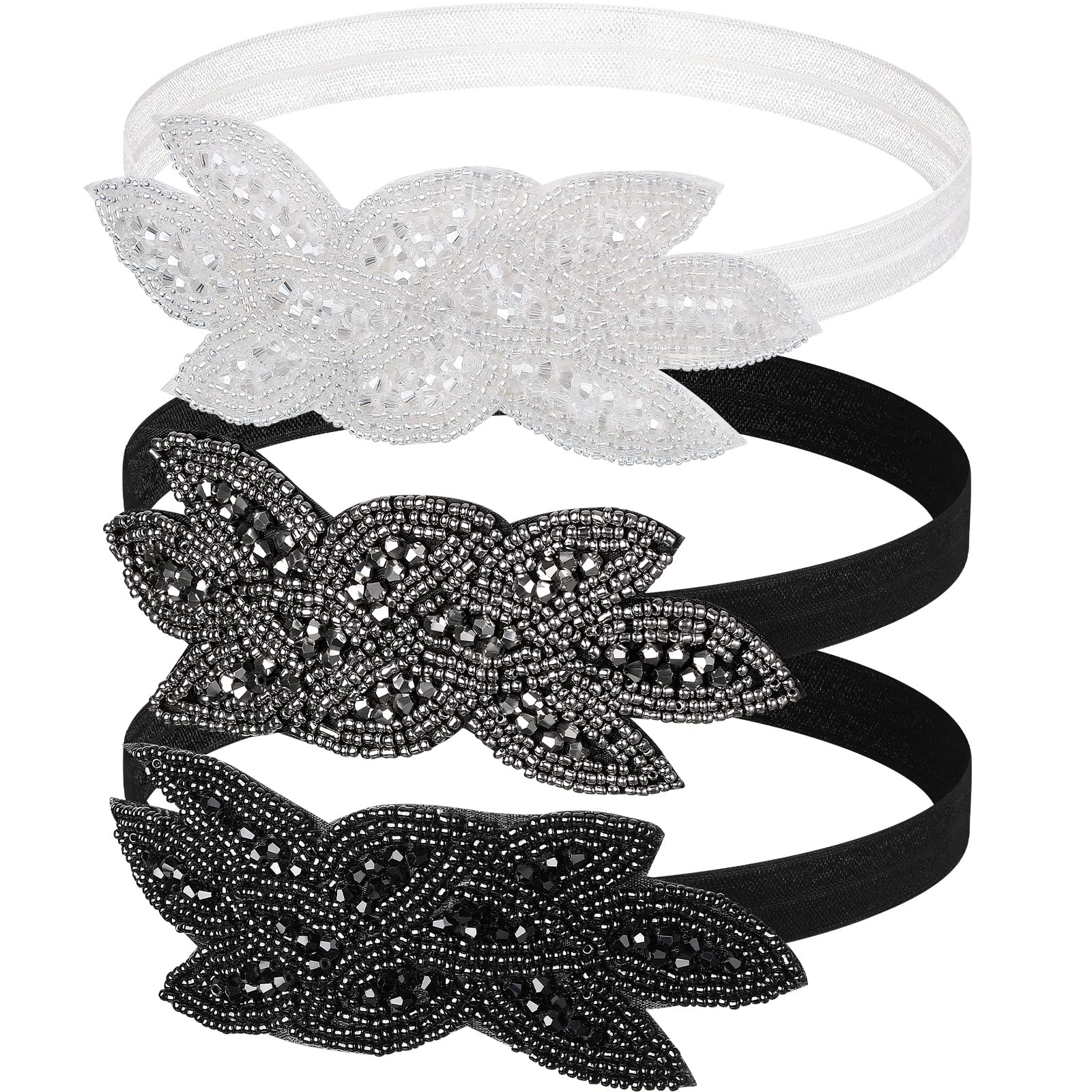 3 Pcs 1920s Flapper Headbands Vintage Headpiece for Women 1920s Hair Accessories for Women Floral Leaf Rhinestone Headband Crystal Flapper Headpiece 20s Women's Headbands for Wedding, 3 Colors