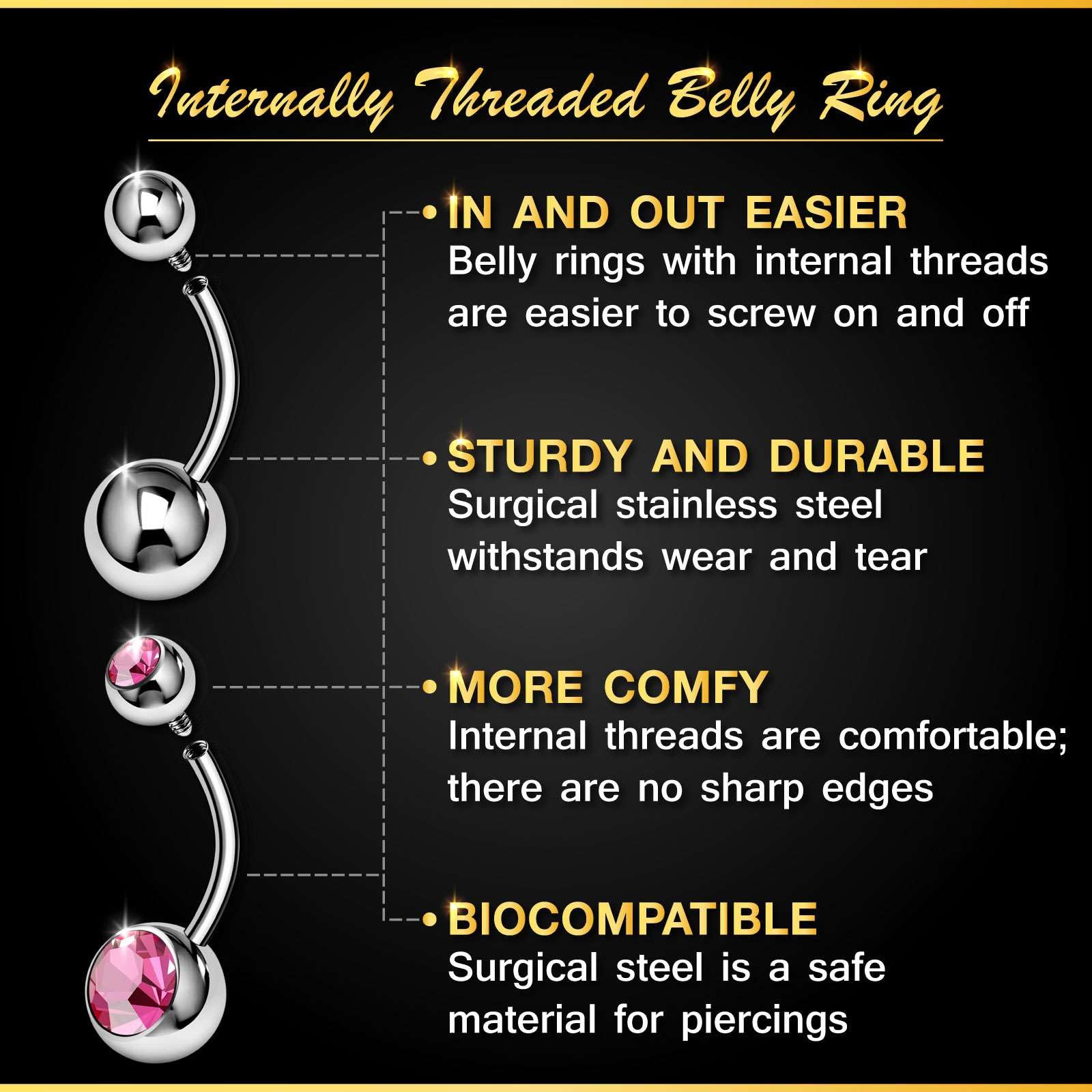 2PCS Surgical Stainless Steel Internally Threaded Belly Rings 14 Gauge Non Dangle Navel Bars Piercing Jewelry See More Sizes (2pcs 14mm ring)