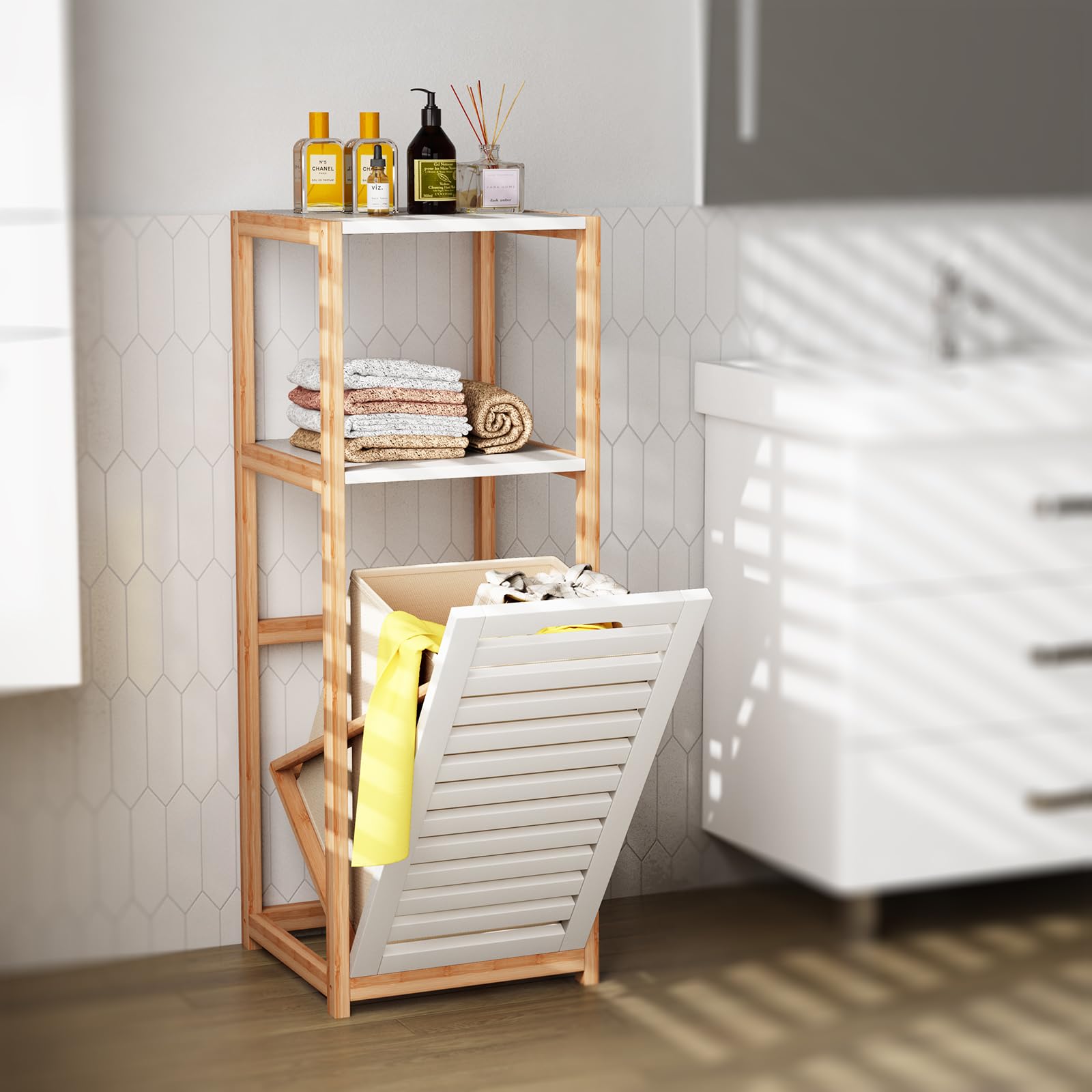 aboxoo Tilt-Out Laundry Hamper Freestanding Clothes Basket Shelf & Removable Liner,Dirty Clothes Hamper Storage Cabinet Laundry Shelf for Bedroom, Laundry Room, Bathroom,White