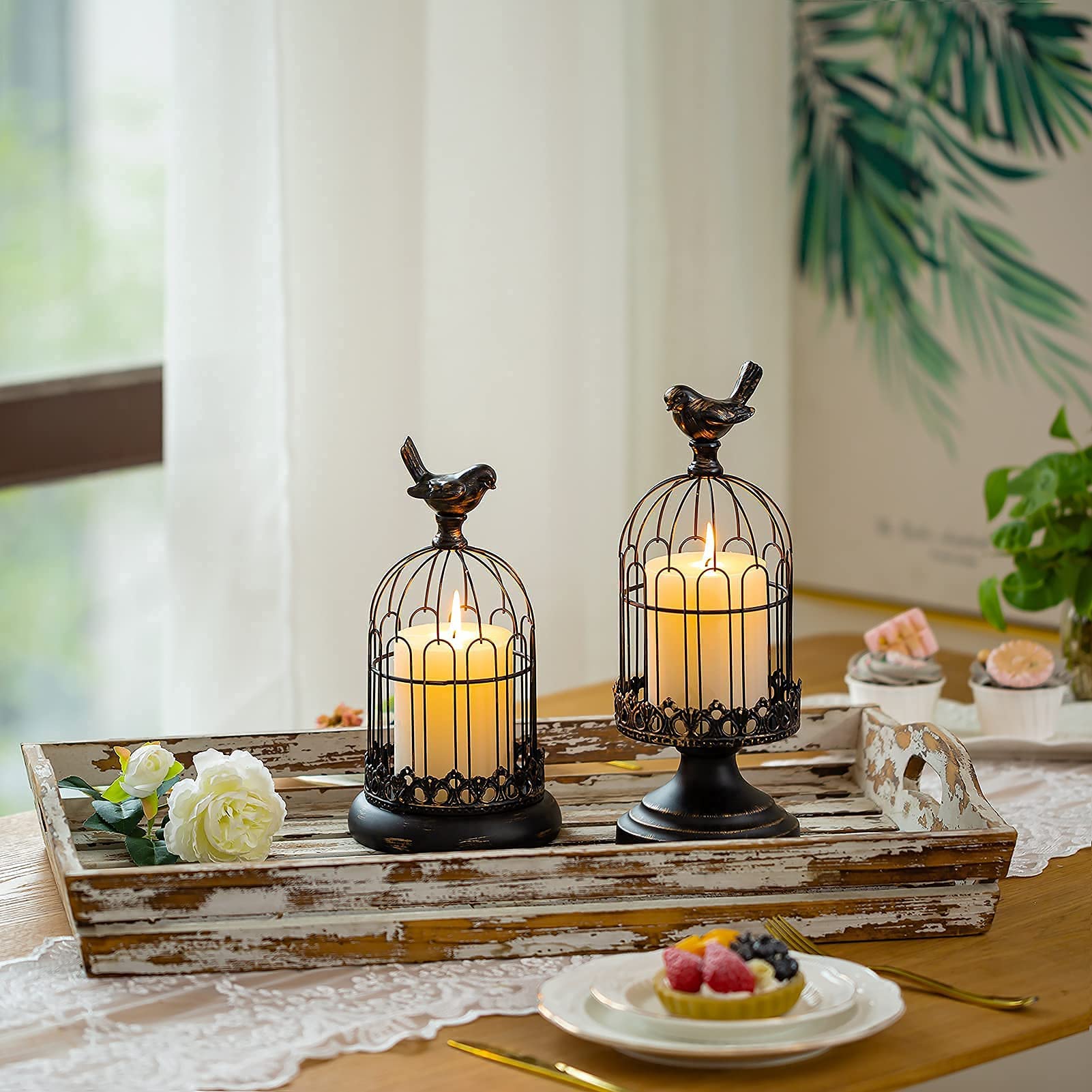 Decorative Candle Holder Bird Cage - Set of 2 Cage Lanterns for Candleholder Shabby Chic Country Home Decoration Table Centerpiece Mantel Decor, 10’’/12’’ Tall, Distressed Ivory