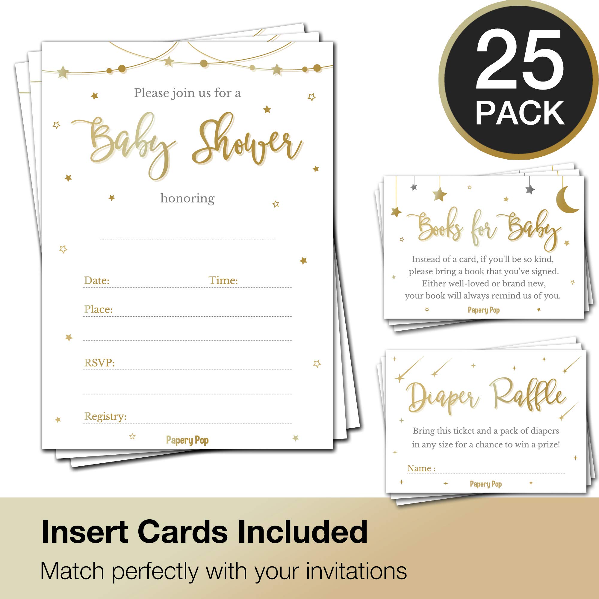 Set of 25 Baby Shower Invitations with Envelopes, Diaper Raffle Tickets and Baby Shower Book Request Cards - Night Stars
