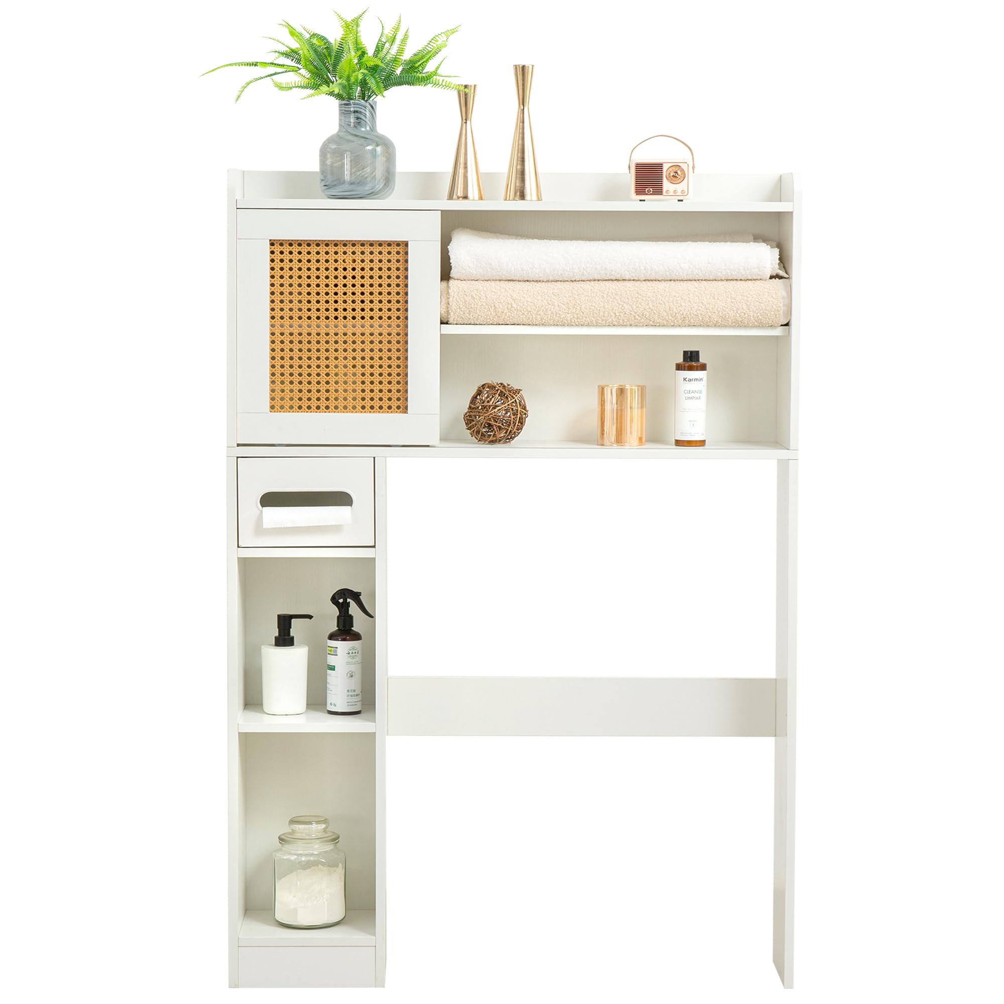 SUNTAGE 6Tier Over The Toilet Storage Cabinet, Freestanding Above Toilet Space Saver Rack w/Adjustable Shelves, Sliding Door, Multifunctional Over Toilet Organizer for Bathroom (White)
