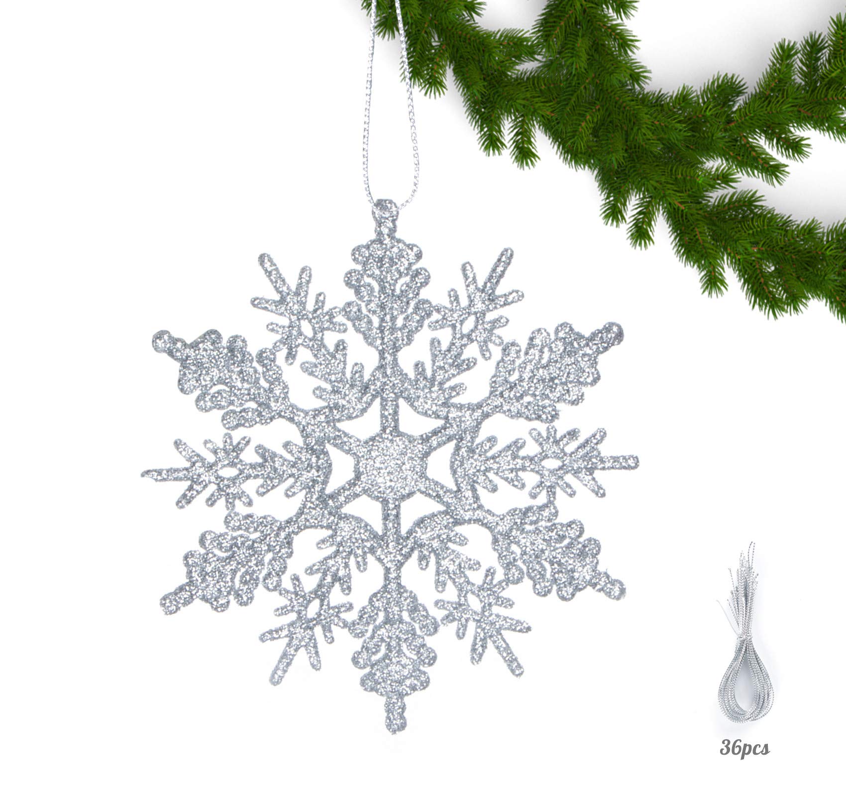 36 pcs Snowflake Ornaments 4 inch Christmas Glitter Snowflake Ornaments with Rope, Sliver Snowflakes Christmas Decorations Perfect for Winter Xmas Tree Decor, Craft, Wedding