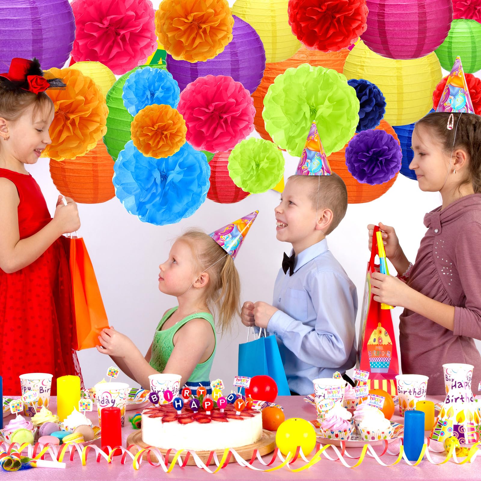 52 Pcs Rainbow Party Decorations 24 Rainbow Tissue Paper Pom Poms 28 Hanging Paper Lanterns Flowers Lanterns for Christmas Wedding Baby Shower Rainbow Birthday Decorations
