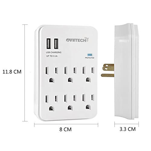 6 Outlet Extender Surge Protector Wall Mount Adapter with Dual 3.1A USB Charging Ports,Oviitech Multi Plug Outlets,6 AC Socket Outlet Splitter,450 Joules Surge Suppression,White, ETL Certified(2 Pack)