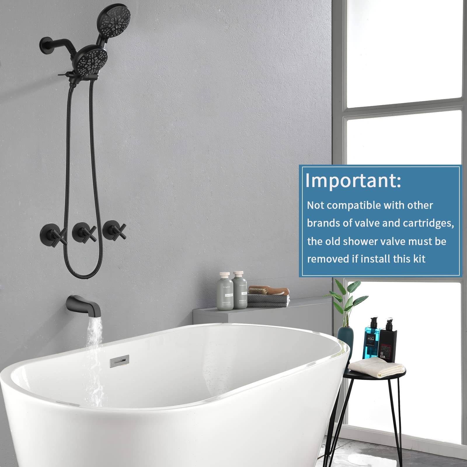 3 Handle Shower Faucet Set with Tub Spout Bathtub Shower Faucet Combo Set Shower System Complete Tub and Shower Trim Kit Matte Black Wall Mounted Shower Fixtures