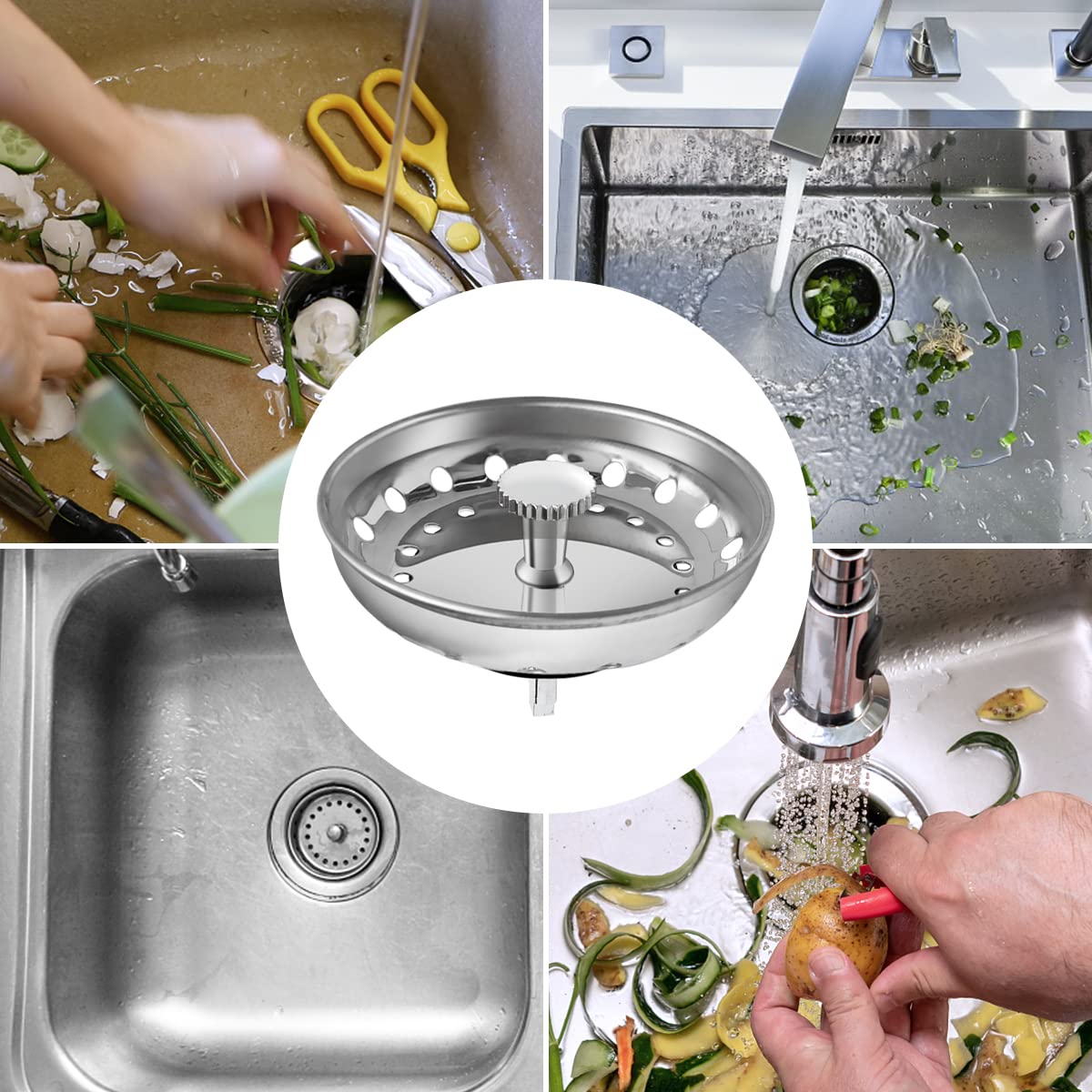 2 Pcs Stainless Steel Kitchen Sink Basket Strainer, Stopper Combo Basket Replacement for Standard Rubber Stopper Bottom with Rubber Stopper Fits Standard 3 1/2” Drains