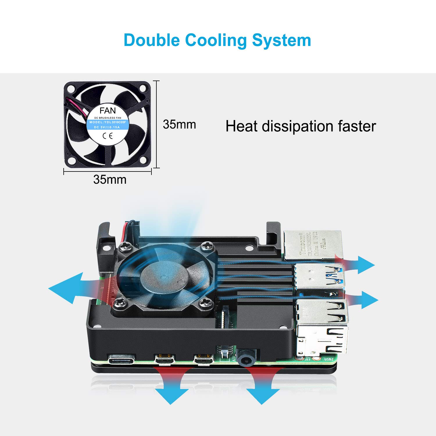 Smraza Case for Raspberry Pi 4, Metal Case for Raspberry Pi 4 Model B with Cooling Fan 35MM, Case Aluminum Alloy Enclosure with 4 PCS Heatsinks Pillar Thermal Adhesive Black (RPI Board Not Included)