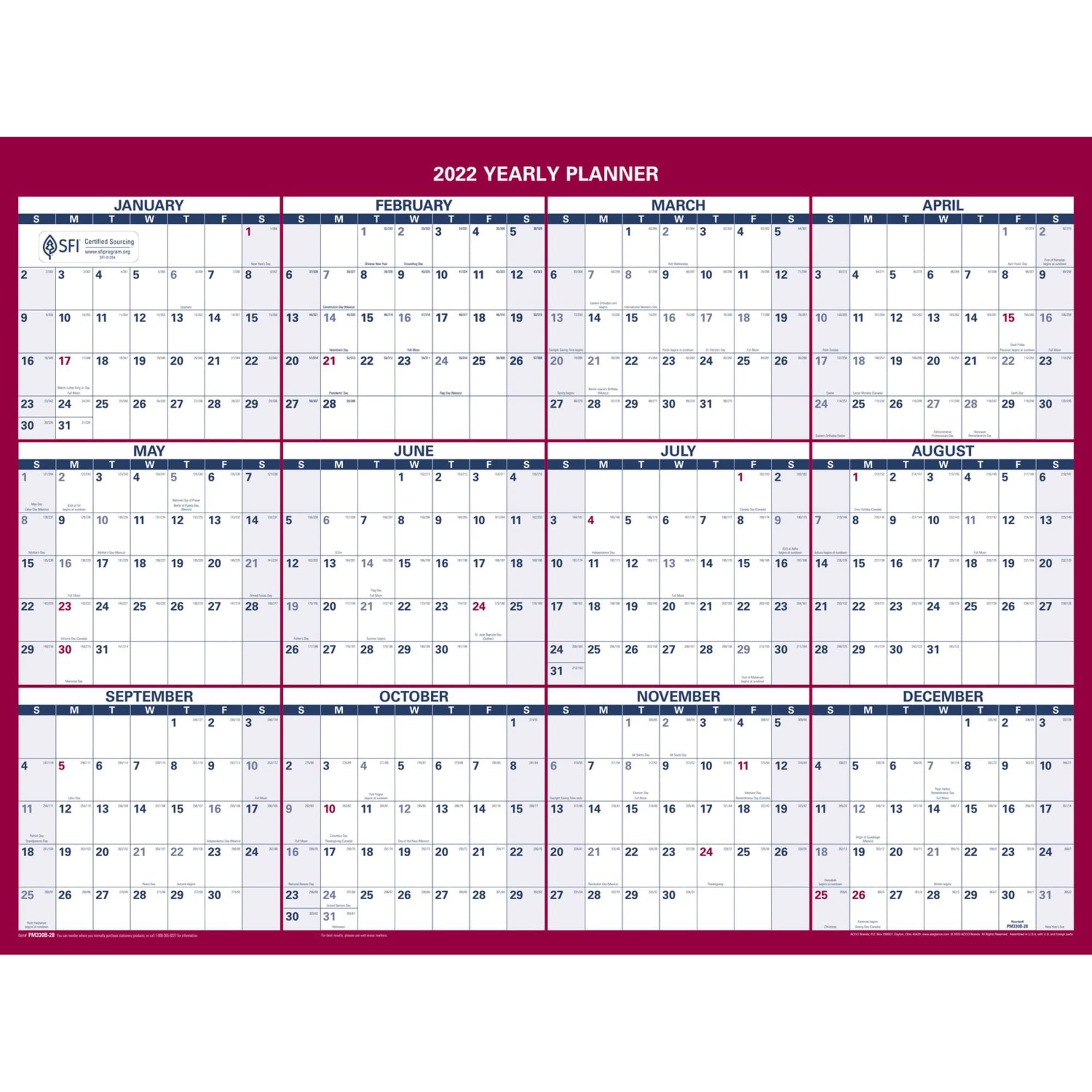 2022 Erasable Calendar, Dry Erase Wall Planner by AT-A-GLANCE, 12" x 16", Small, Vertical/Horizontal, Reversible, Compact (PM330B28)