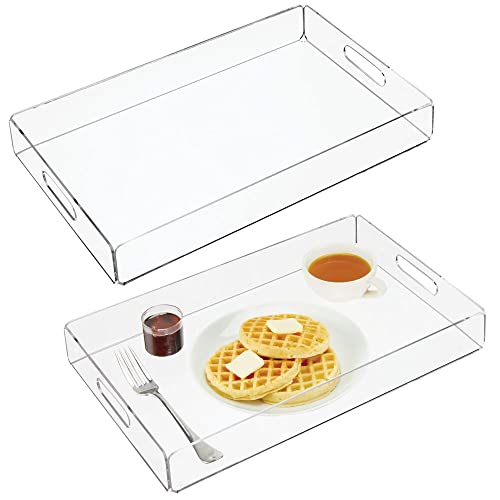 mDesign Modern Acrylic Rectangular Serving Tray with Built-in Handles for Food, Tea, Coffee, Breakfast, Snacks, Cheese, Appetizers - Use in Kitchen, Bathroom, Office - Medium, 2 Pack - Clear