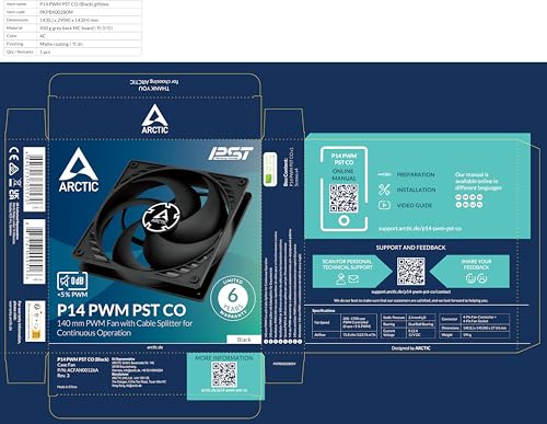 ARCTIC P14 PWM PST CO - PC Fan, 140mm Case Fan with PWM Sharing Technology (PST), Pressure-optimised, Dual Ball Bearing for Continuous Operation, Computer, 200–1700 RPM (0 RPM <5%) - Black