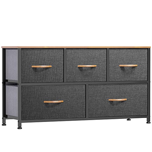 DWVO Dresser TV Stand, Fabric Dresser with 5 Drawers, Dresser for Bedroom, Wide Dresser, Storage Tower, Chest of Drawers for Closet, Living Room, Hallway, Nursery, Dull Grey
