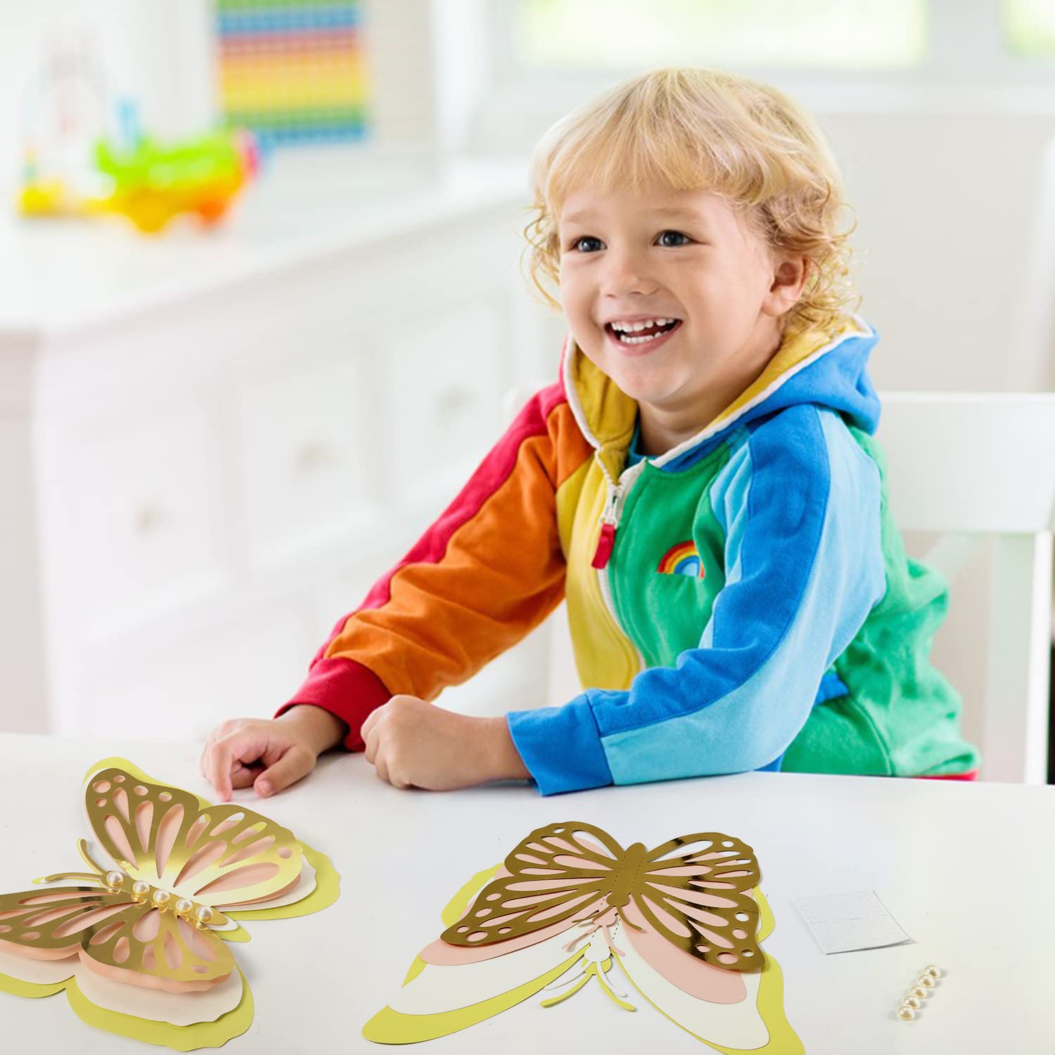 4 PCS 3D Large Butterfly Wall Decor, 12" 4 Layer 3D Butterfly Stickers Set with Artificial Pearls for Birthday Background Girls Bedroom Wedding Party Decorations (Golden)