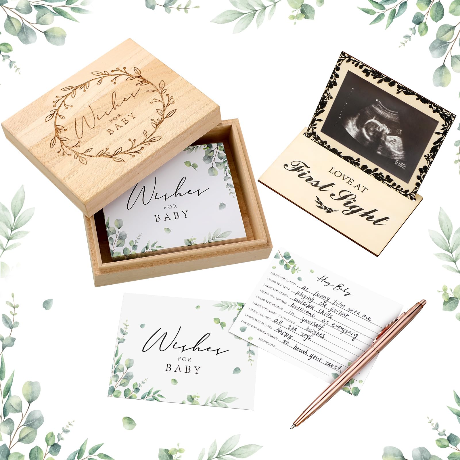 53 Pcs Baby Shower Games Set Including 50 Pcs Wishes for Baby Shower Advice Wishes Cards with Wooden Keepsake Box, Sonogram Photo Picture Frame and Rose Gold Pen for Baby Shower Birthday Activities